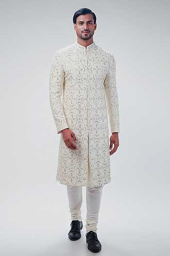 Buy Kommal Sood Off White Dupion Silk Floral Butti Embroidered Sherwani ...
