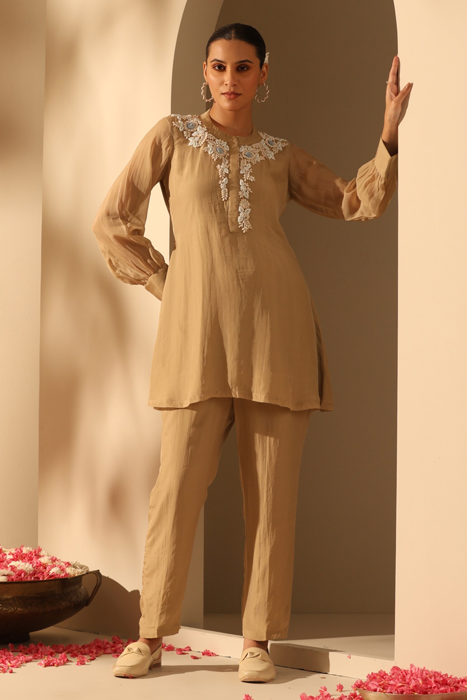 Buy DUSALA Beige Soft Organza Mahvi Pearl Embroidered Kurta With Pant ...