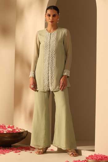 Buy Green Soft Organza Embroidered Thread Saadgi Pearl Tunic With Pant ...