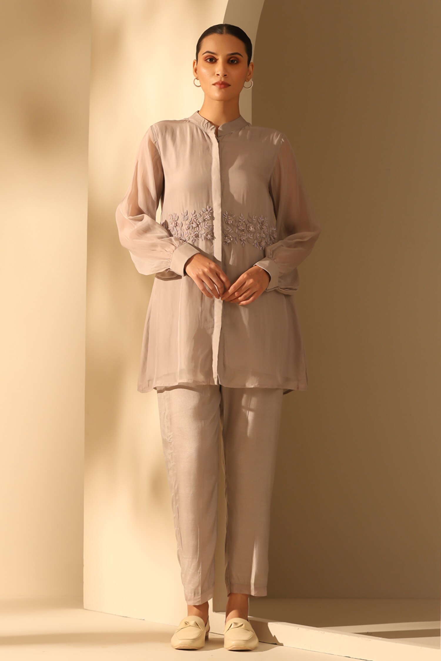 Buy Beige Georgette Embroidered Monghi Pearl Placement Tunic With Pant ...
