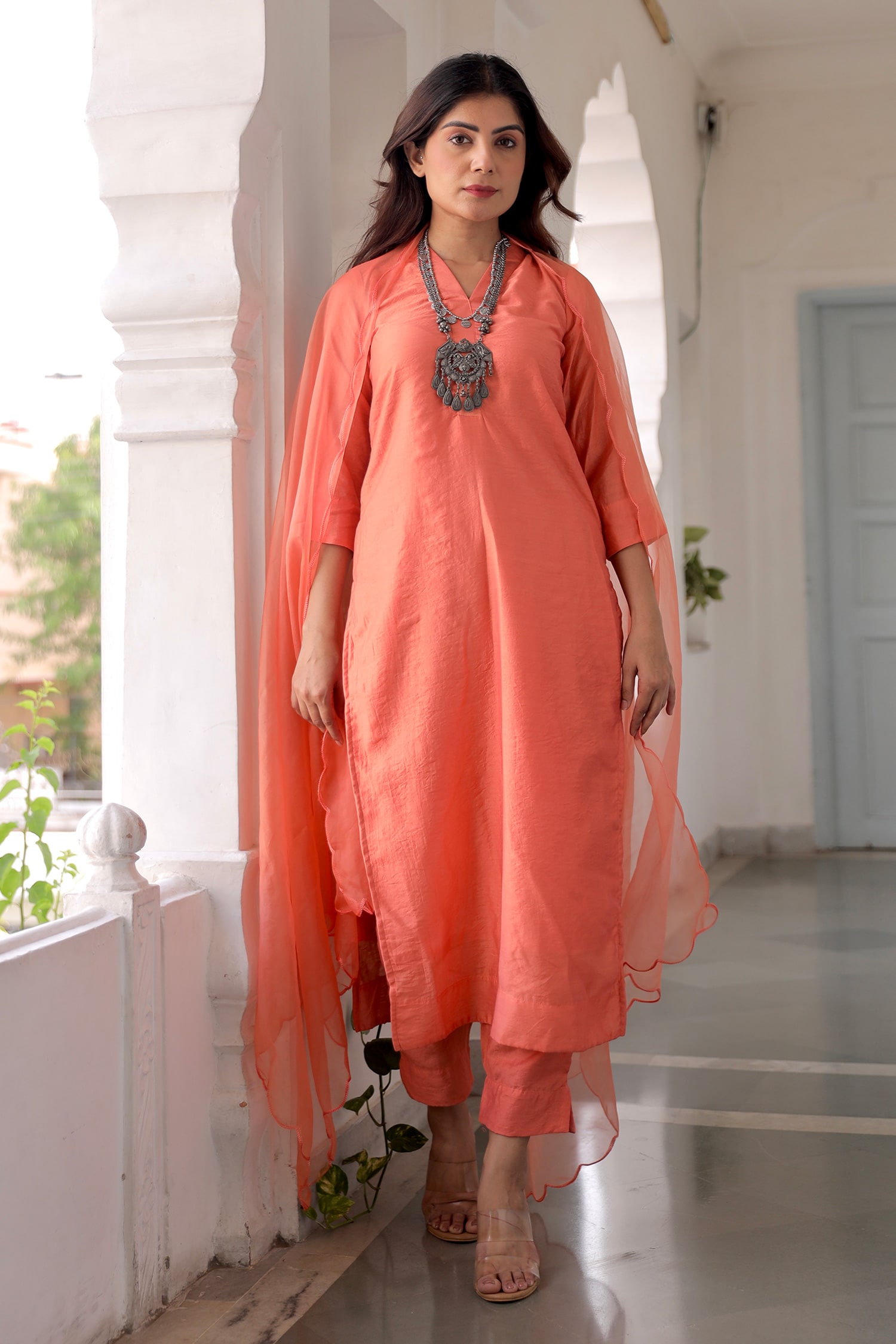 Buy Orange Muslin Plain V Solid Kurta Set With Scallop Bordered Dupatta ...