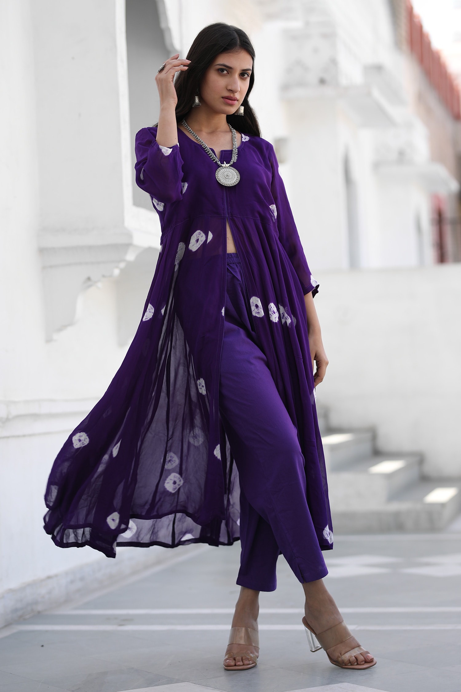 Buy Purple Georgette Hand Tie-dyed Bandhej Pattern Notched Round ...