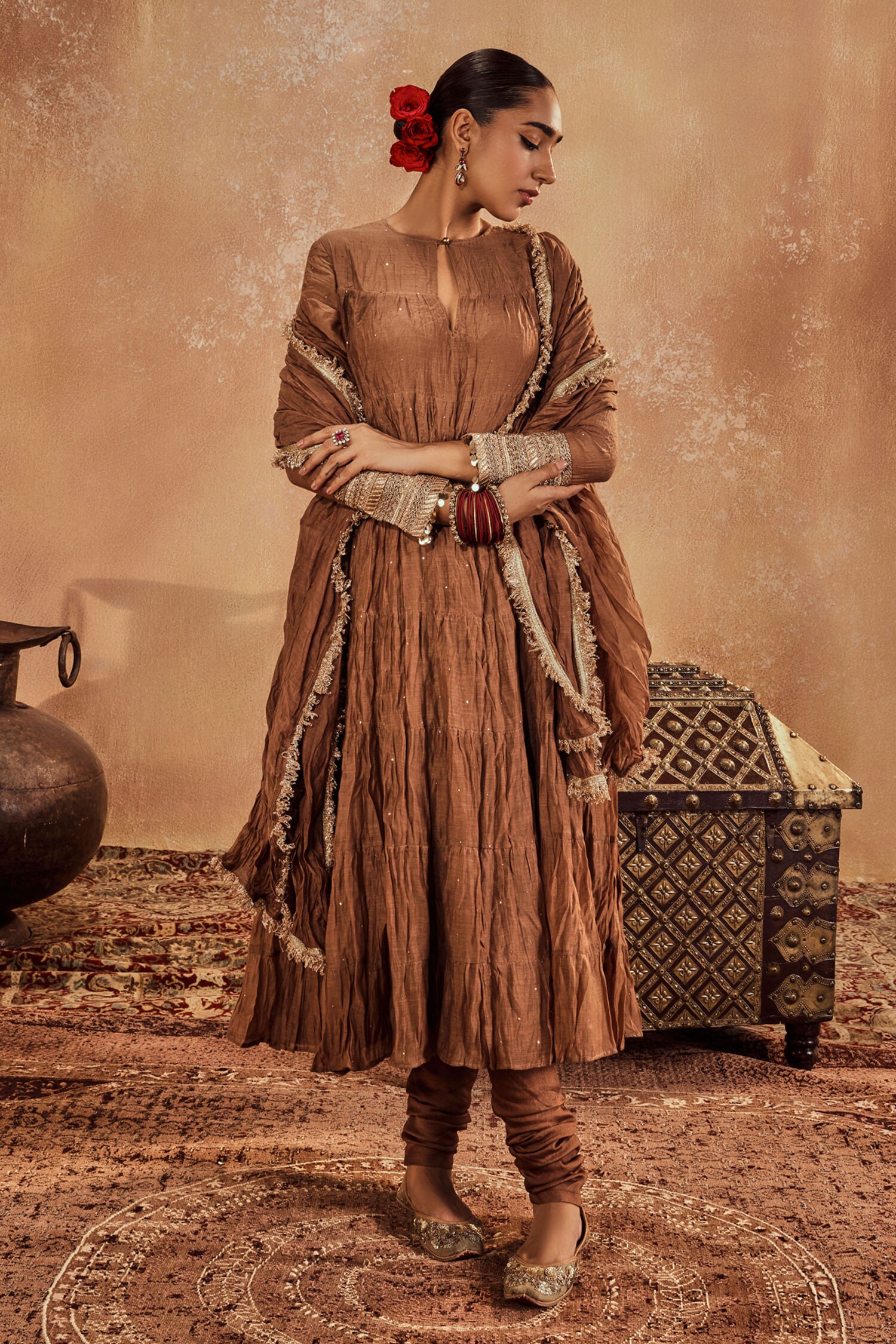 Buy Brown Plain Chanderi Embroidery Kiran Lace Anam Crushed Dupatta For ...