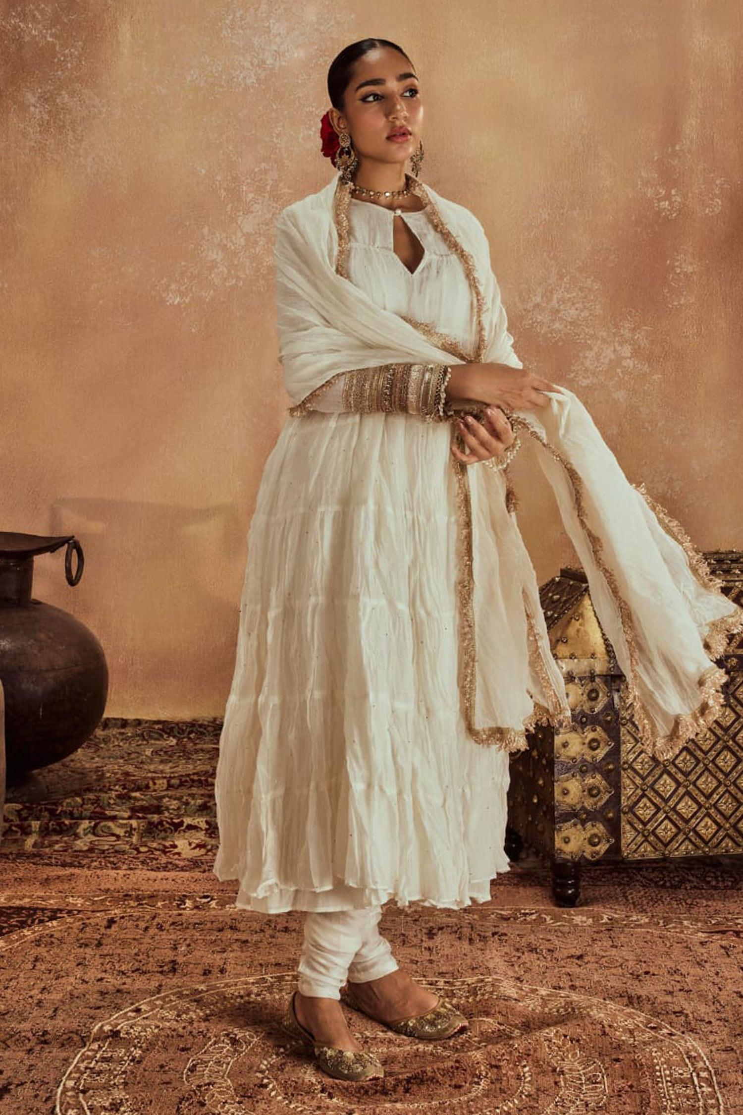 Buy White Plain Chanderi Embroidery Anam Embellished Crushed Dupatta ...