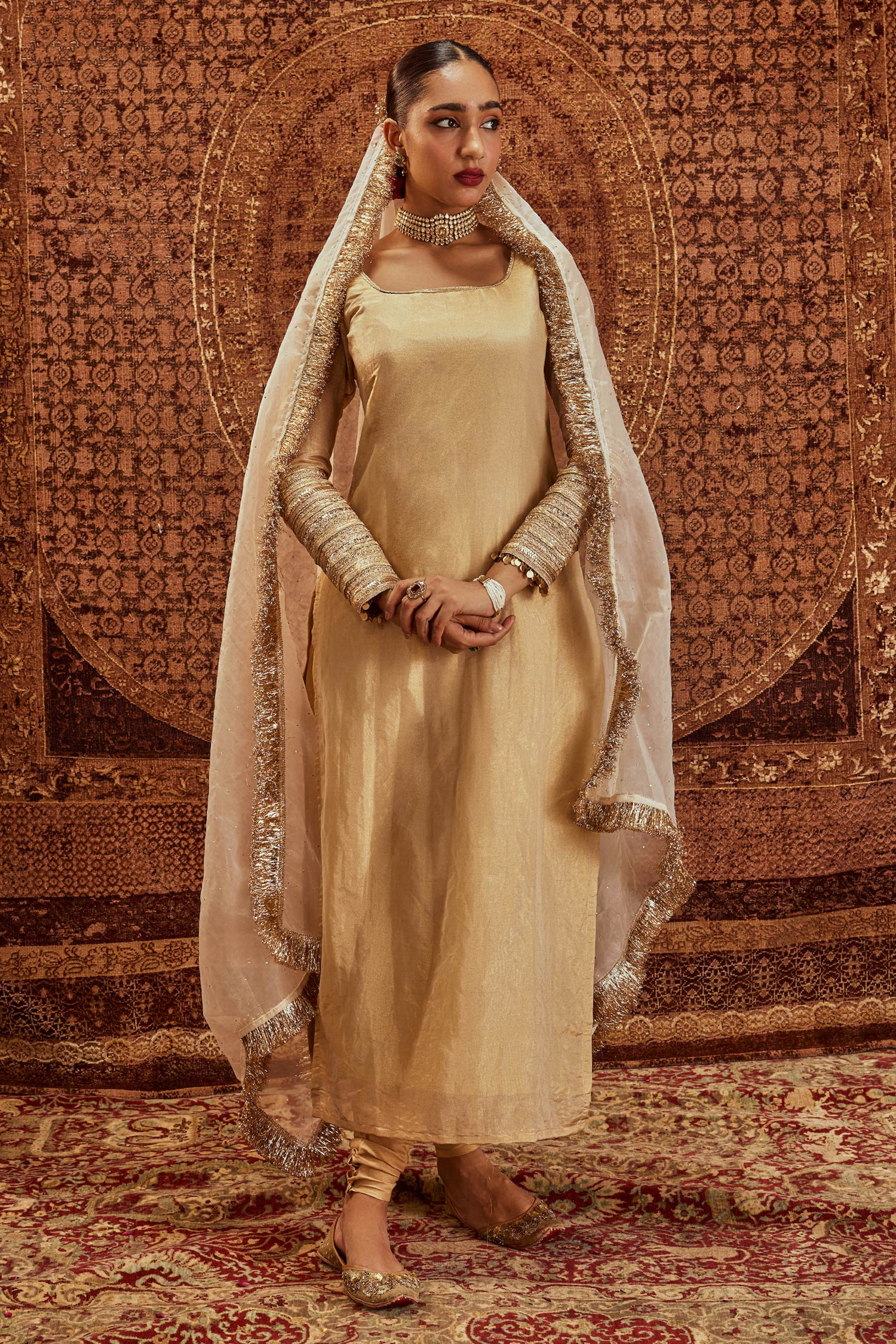 Buy Gold Kurta And Churidar Tissue Embroidery Ghazal Embellished Set ...