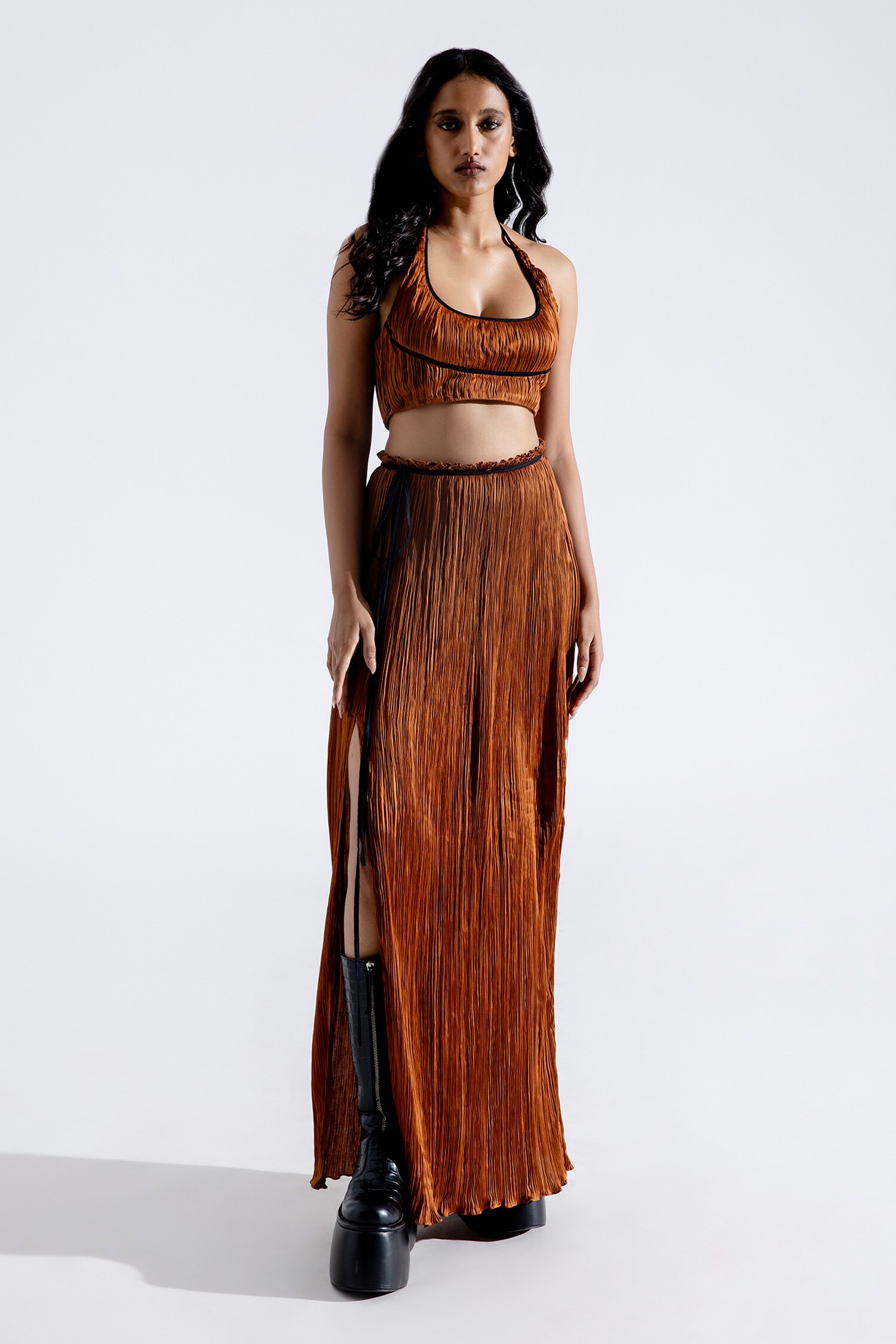 Buy Brown Modal Satin Plain Pleated High Slit Skirt For Women by Aroka ...