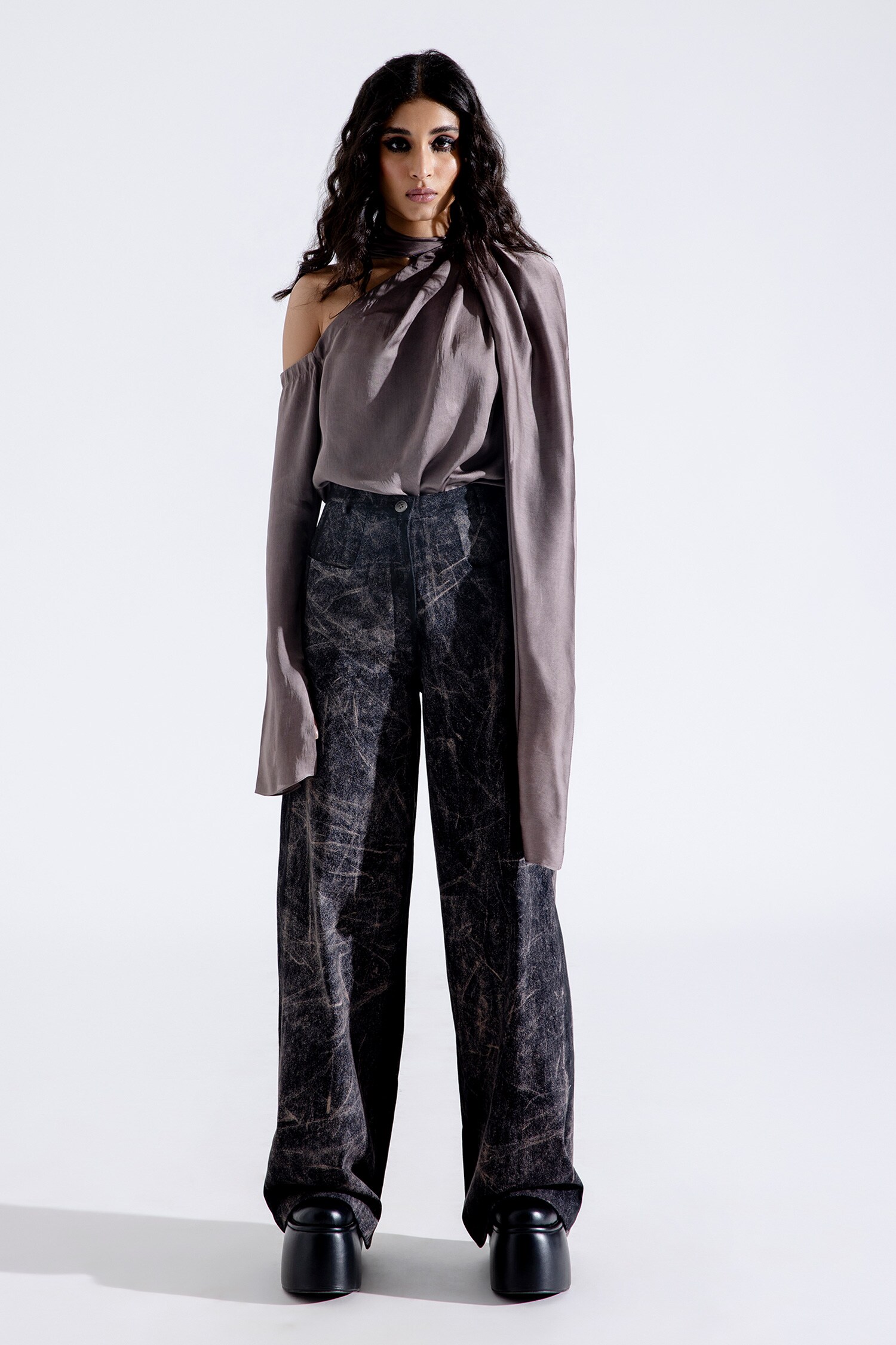 Buy Grey Modal Satin Plain Scarf Collar Misty Top For Women by Aroka ...