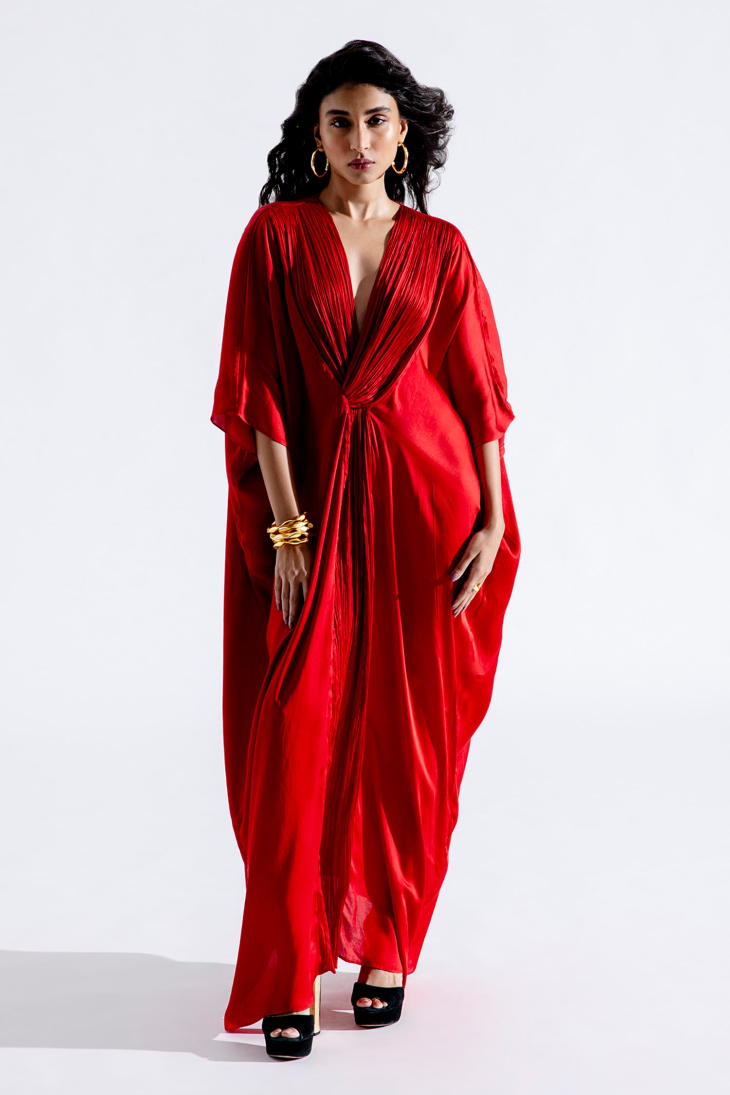 Buy Red Modal Satin Plain Plunge V Neck Ruched Kaftan For Women by ...