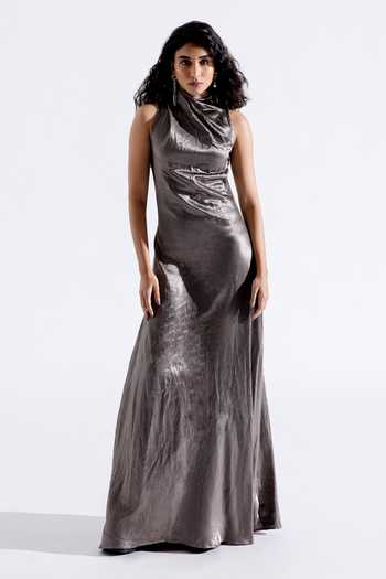 Buy Aroka Grey Mashru Stellar Cowl Neck Dress Online | Aza Fashions