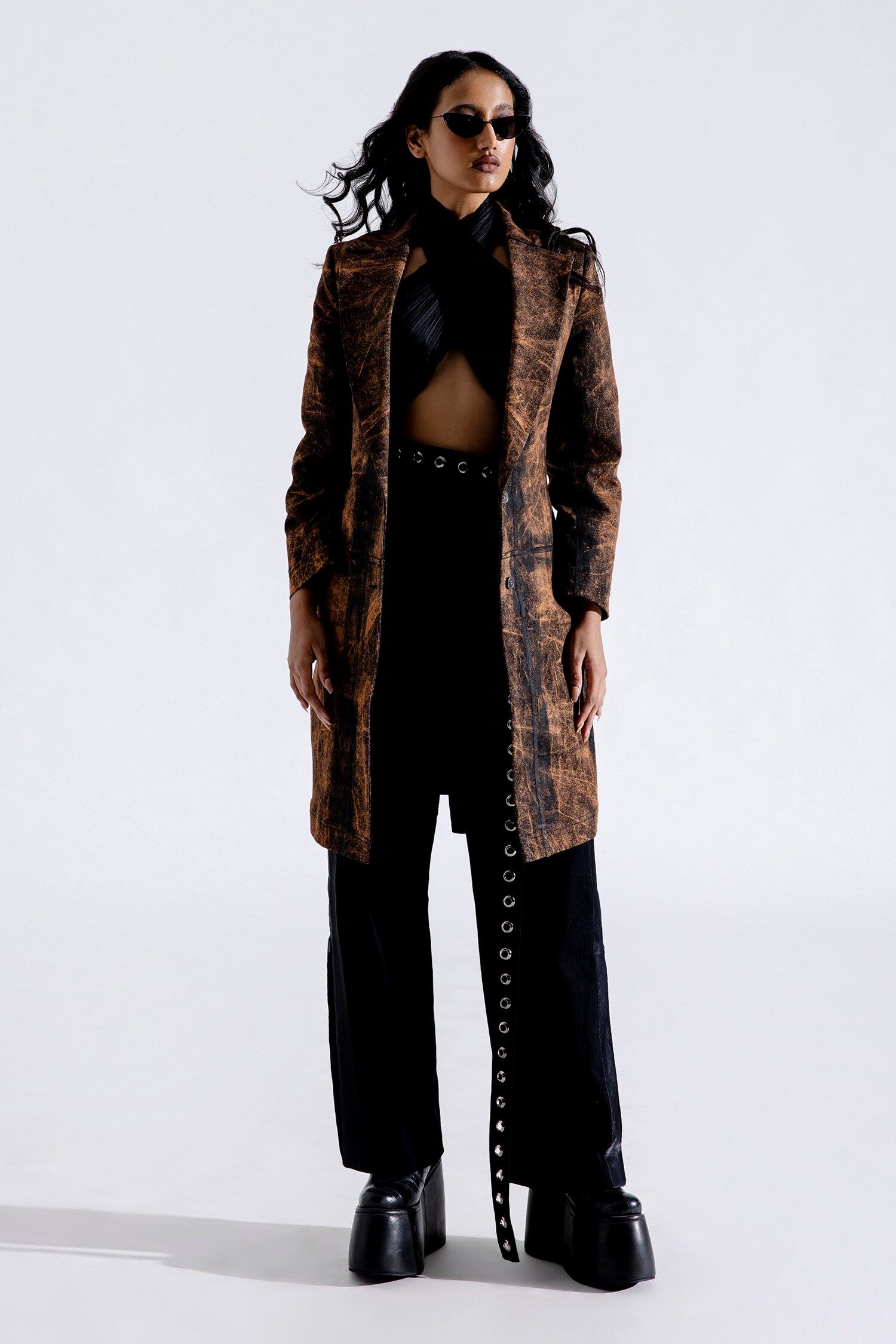 Buy Brown Denim Textured Lapel Collar Long Jacket For Women by Aroka ...