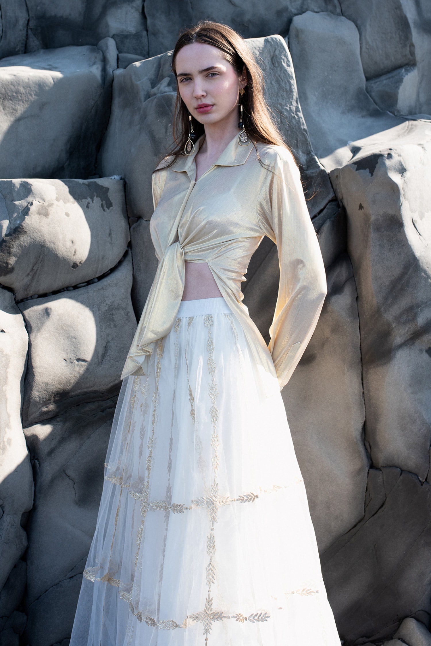 Buy Gold Top Polyester Embroidered Floral Collar Shirt And Skirt Set ...