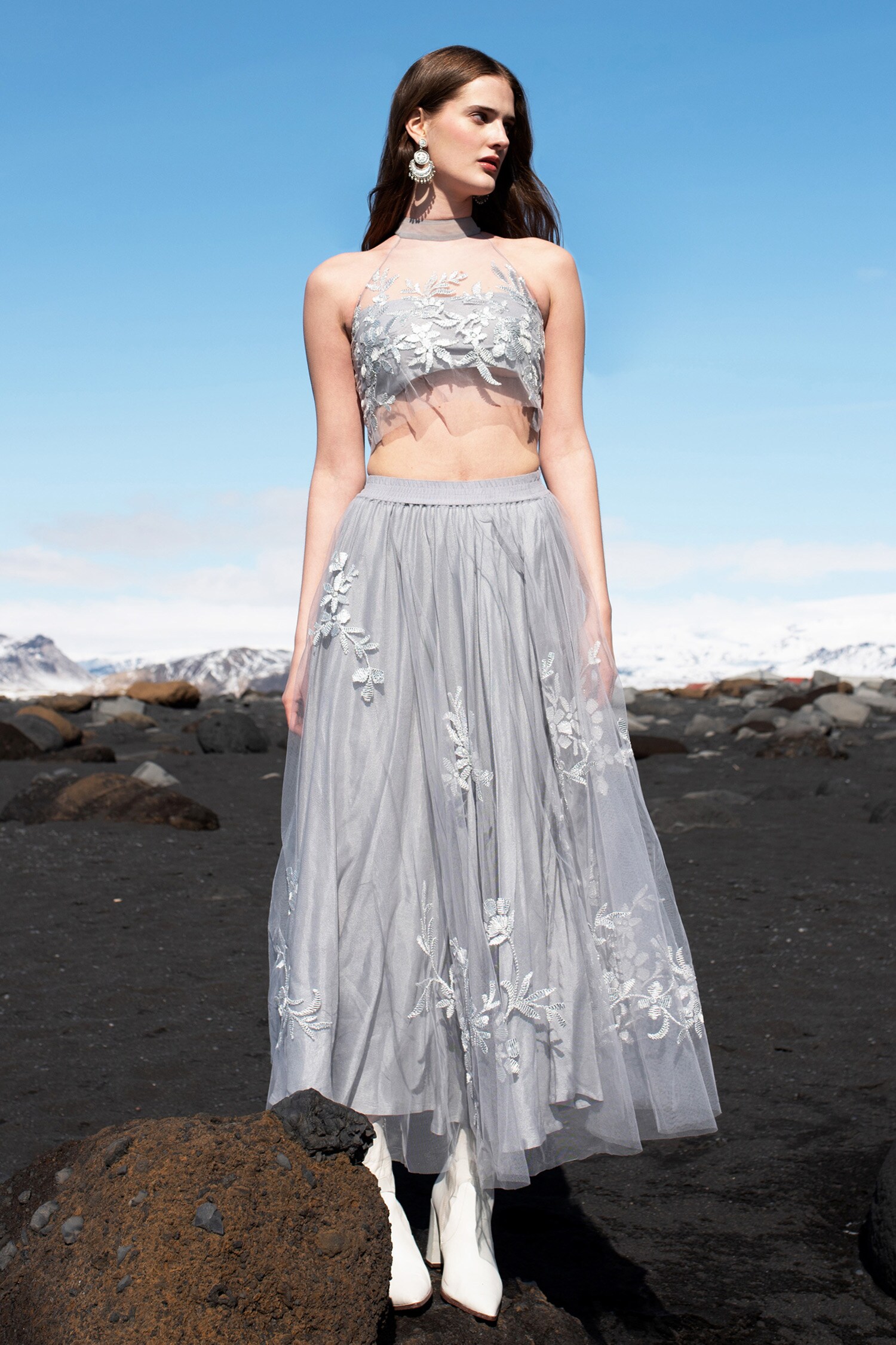 Buy Grey 100% Nylon Embroidery Floral Ribbon Illusion Round Neck Top ...