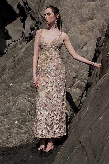 Buy Gold 100% Nylon Embroidery Sequin Sweetheart Neck Statement Gown ...