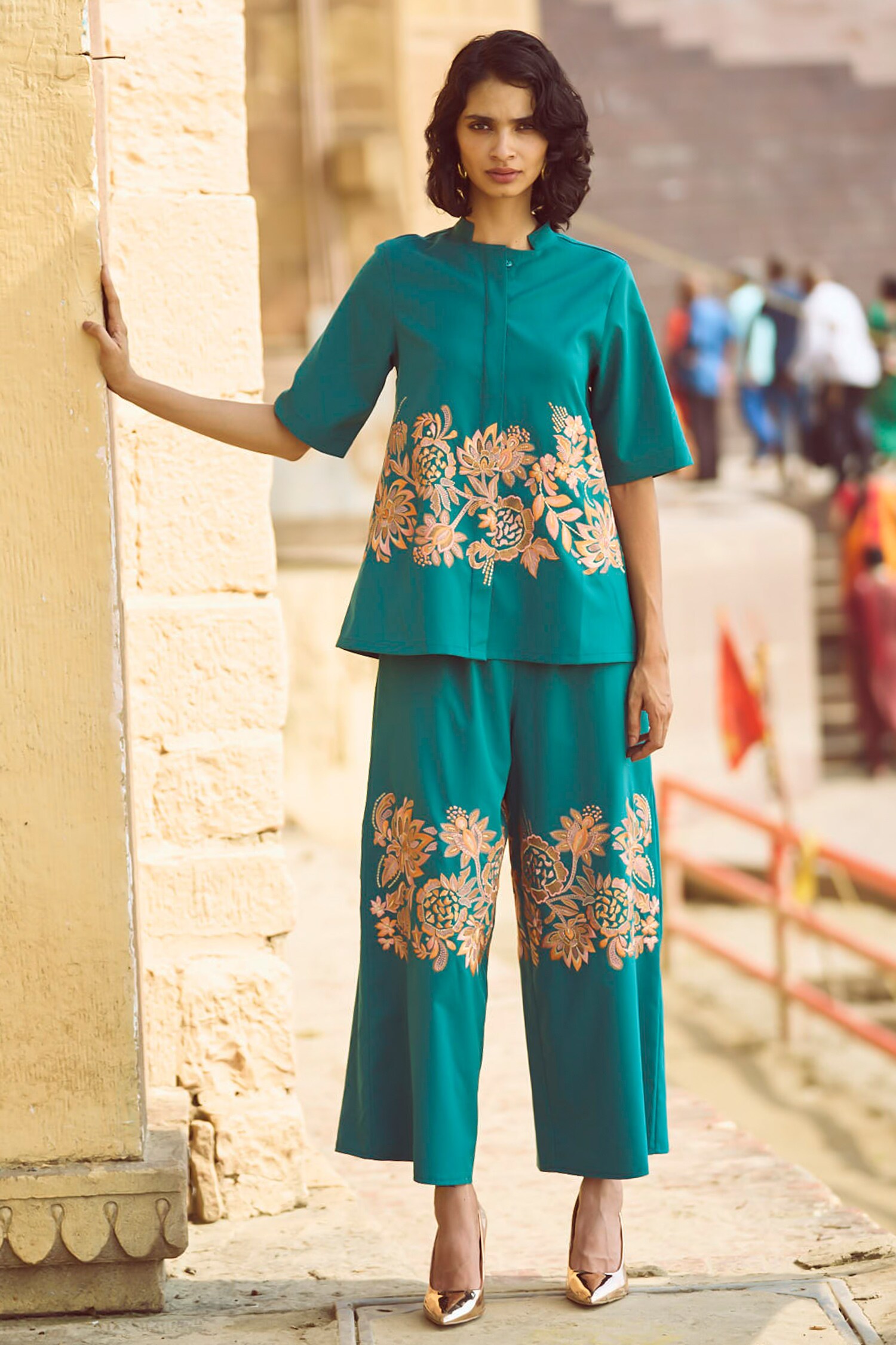 Buy Blue 72% Polyester Embroidery Gara Stitch Placement Floral Shirt ...