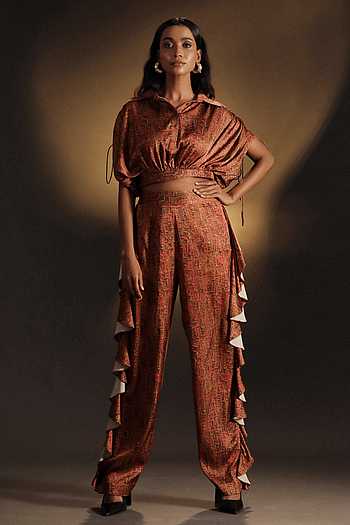 Buy Gold Satin Printed Tree Bark Spread Collar Top And Ruffle Pant Set ...