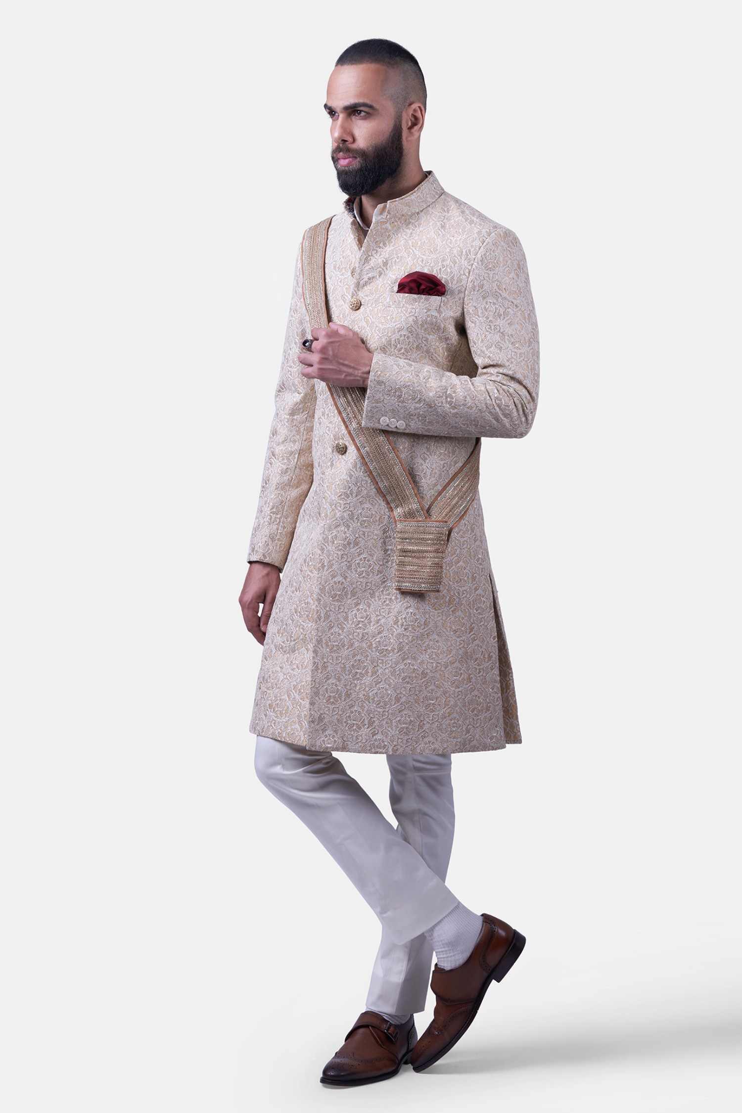 Buy Raghavendra Rathore Jodhpur Gold Silk Brocade Sheesh Mahal Achkan ...