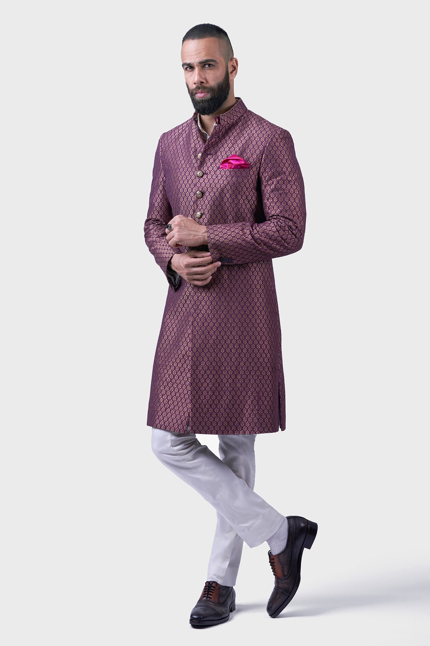 Buy Wine Silk Floral Baroda Pattern Achkan For Men by Raghavendra ...