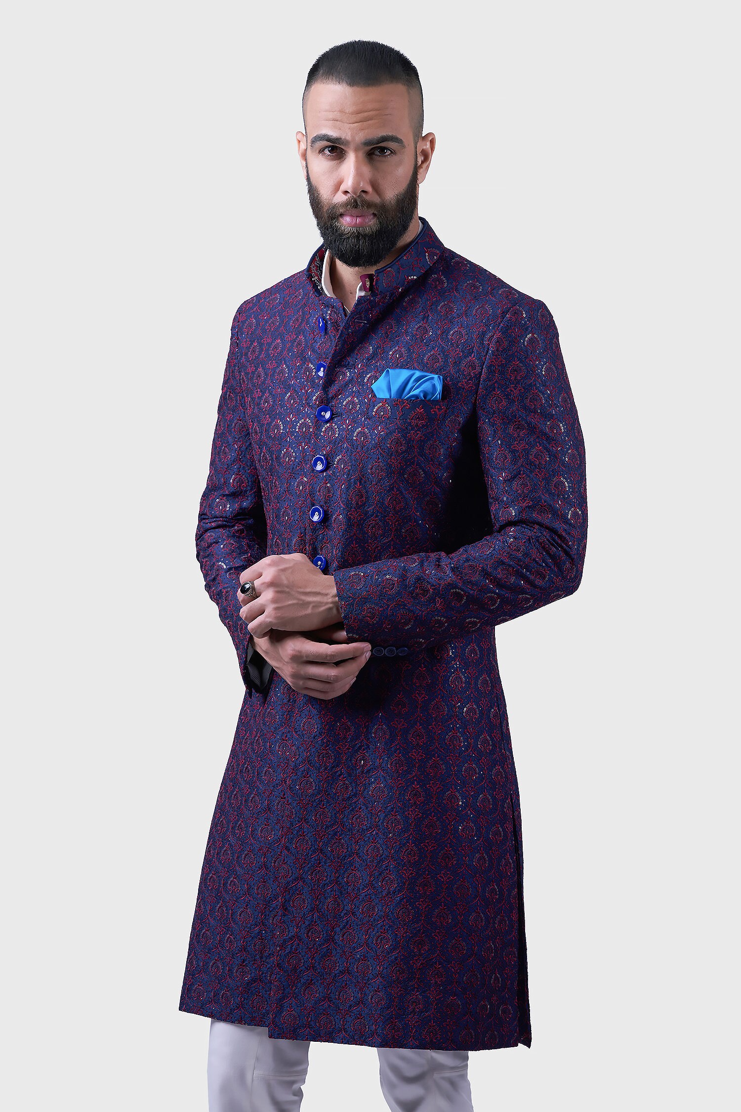 Buy Blue Silk Embroidered Floral The Medieval Mural Achkan For Men by ...
