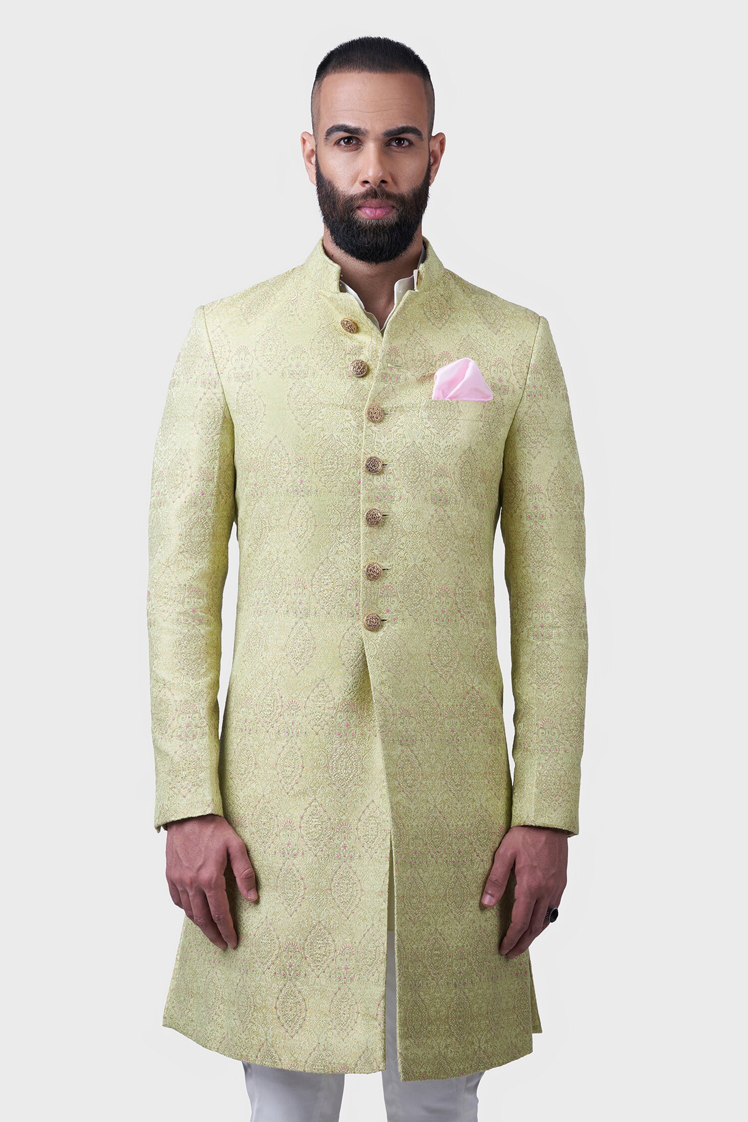 Buy Raghavendra Rathore Jodhpur Green The Darbar Silk Woven Achkan ...