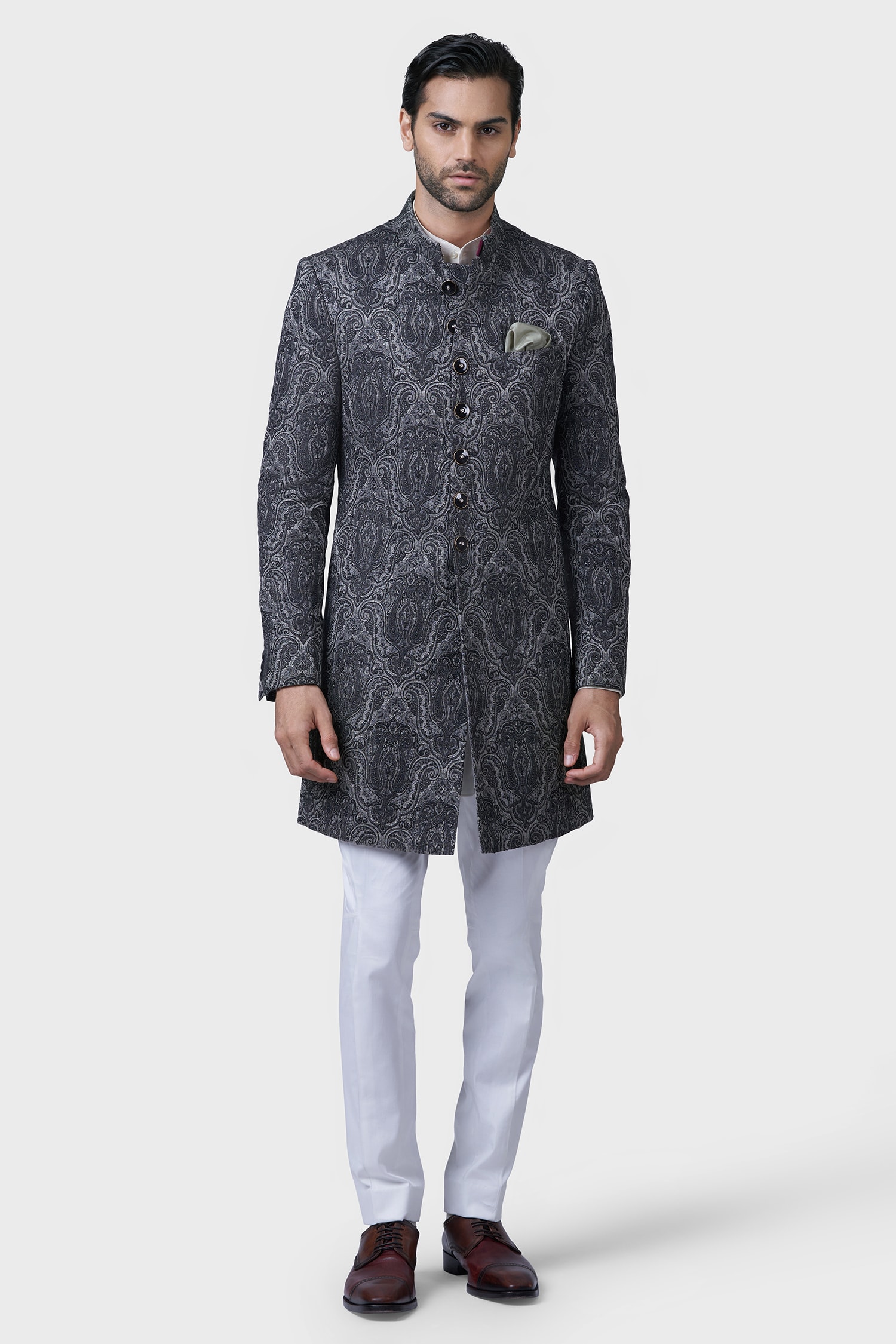 Buy Grey Silk Woven Floral The Paisley Damask Achkan For Men by ...