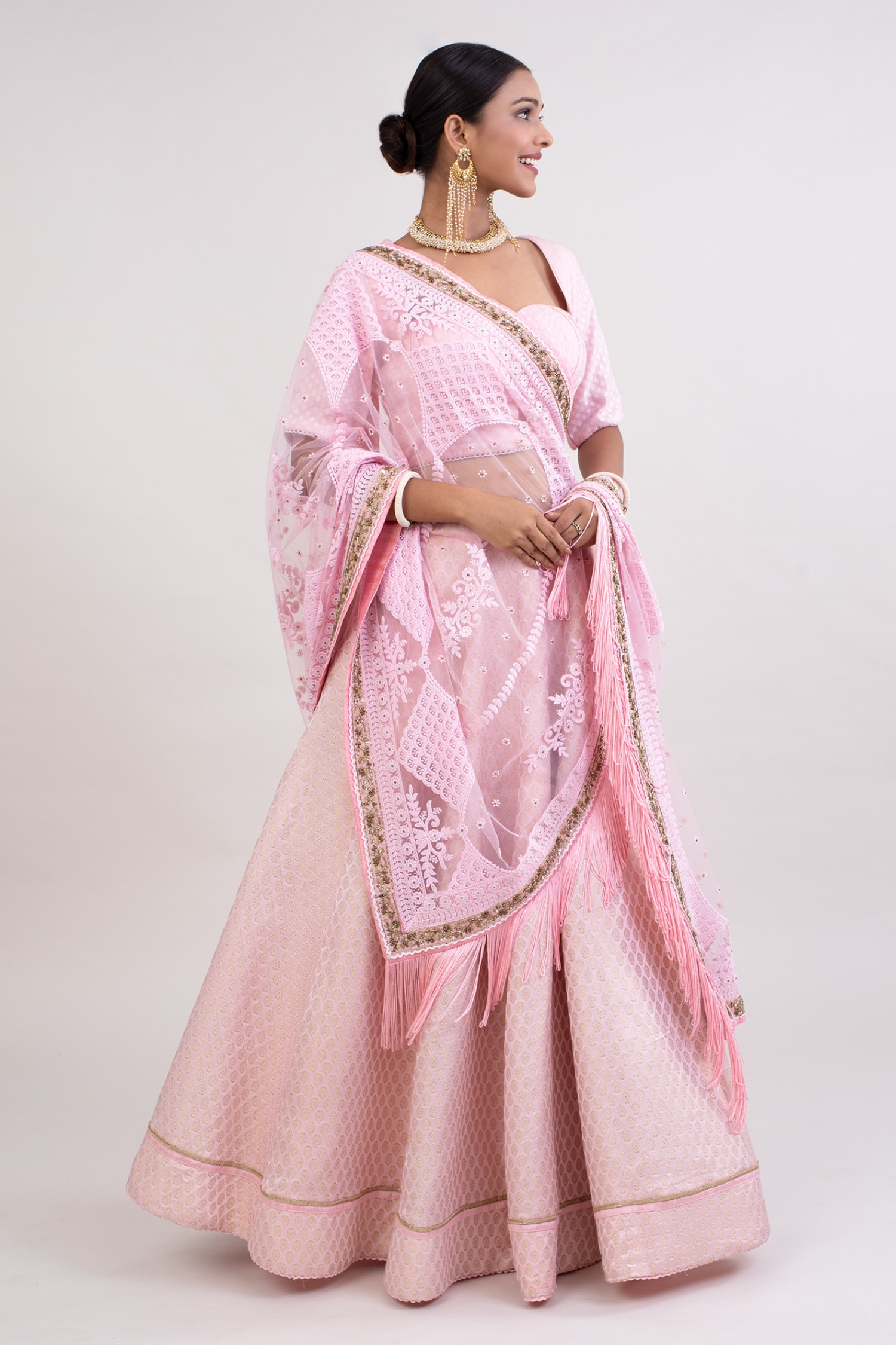 Buy Pink Banarsi Brocade Floral Butti Lehenga Set With Dupatta For ...