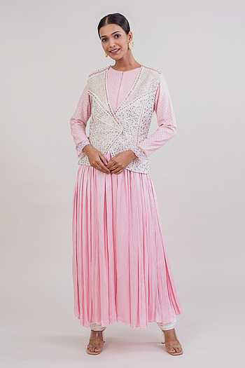 Buy Pink Shantoon Embroidered Thread Woven Floral Anarkali Churidar Set ...