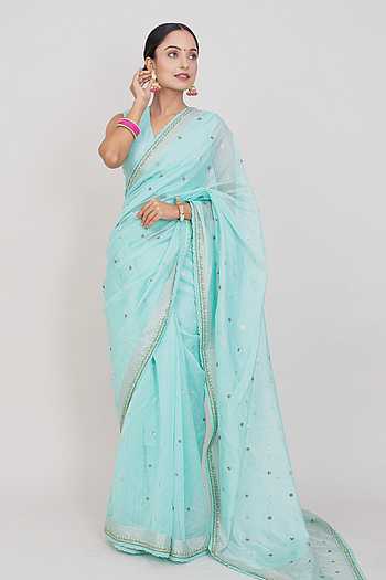 Buy Blue Cotton Silk Embroidered Thread Sequin Woven Saree With Blouse ...