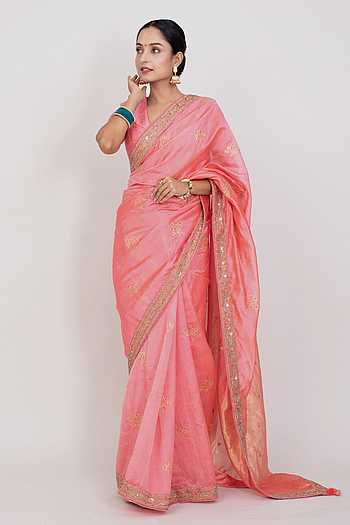 Buy Peach Cotton Silk Embroidered Thread Floral Sequin Saree With ...