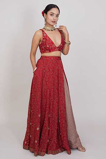 Buy Maroon Raw Silk Embroidered Foil Print Overlay Lehenga With Blouse ...
