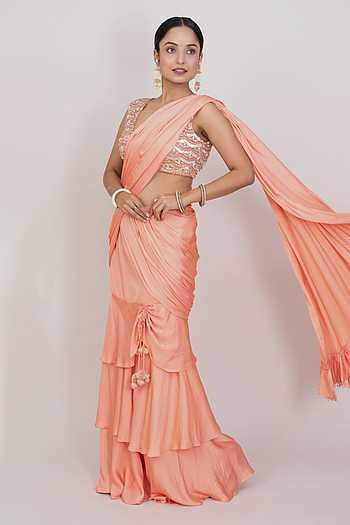 Buy Peach Net Embroidered Thread Pre Draped Saree With Sequin Blouse ...