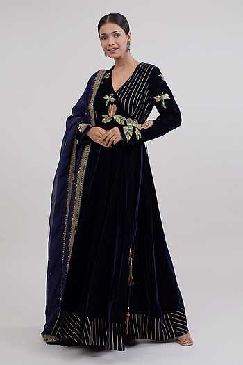 Buy Blue Velvet Embroidered Thread Sequin Floral Anarkali Churidar Set ...