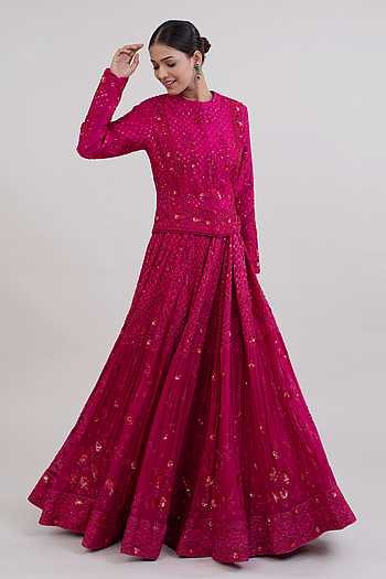 Buy Magenta Chanderi Embroidered Thread Sequin Floral Lehenga With ...