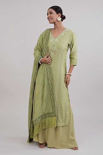 Buy Monika Mathuria Datta Green Chanderi Thread Floral Embroidered ...