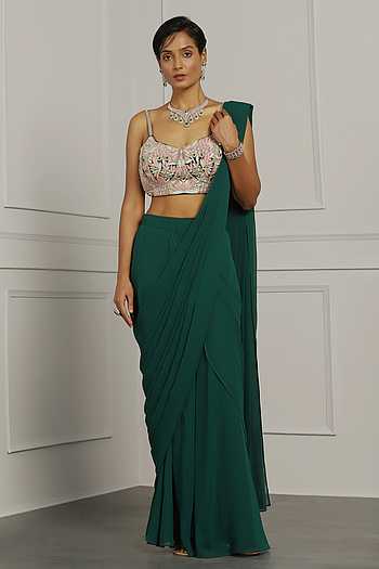 Buy Emerald Green Georgette Embroidered Draped Sharara Saree With ...
