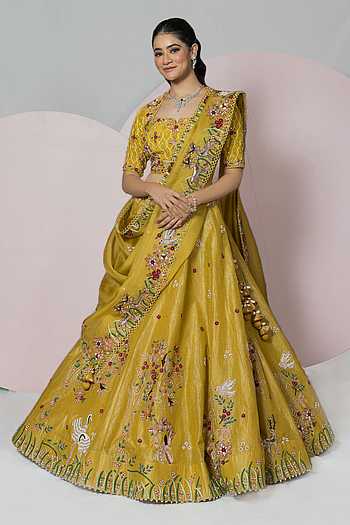 Buy Yellow Tissue Lehenga Embroidery Flying Birds And Floral Bridal Set ...