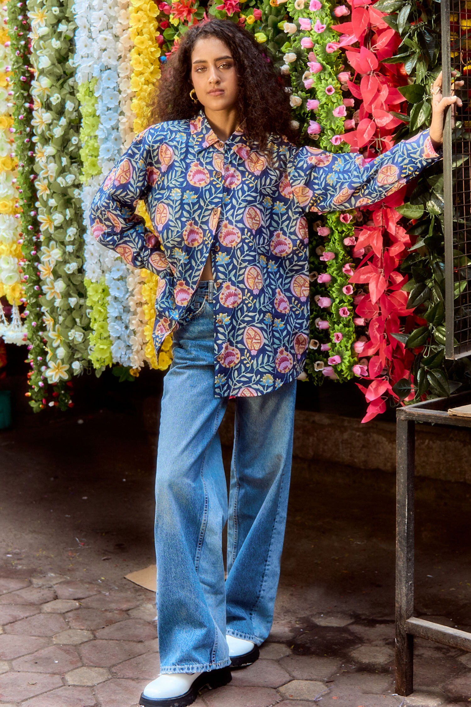 Buy Blue Cambric Printed Anar Hand Block Collar Shirt For Women by Jodi ...