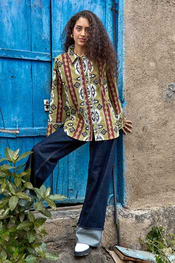 Buy Green Mangalgiri Printed Chamba Hand Block Collar Shirt For Women ...