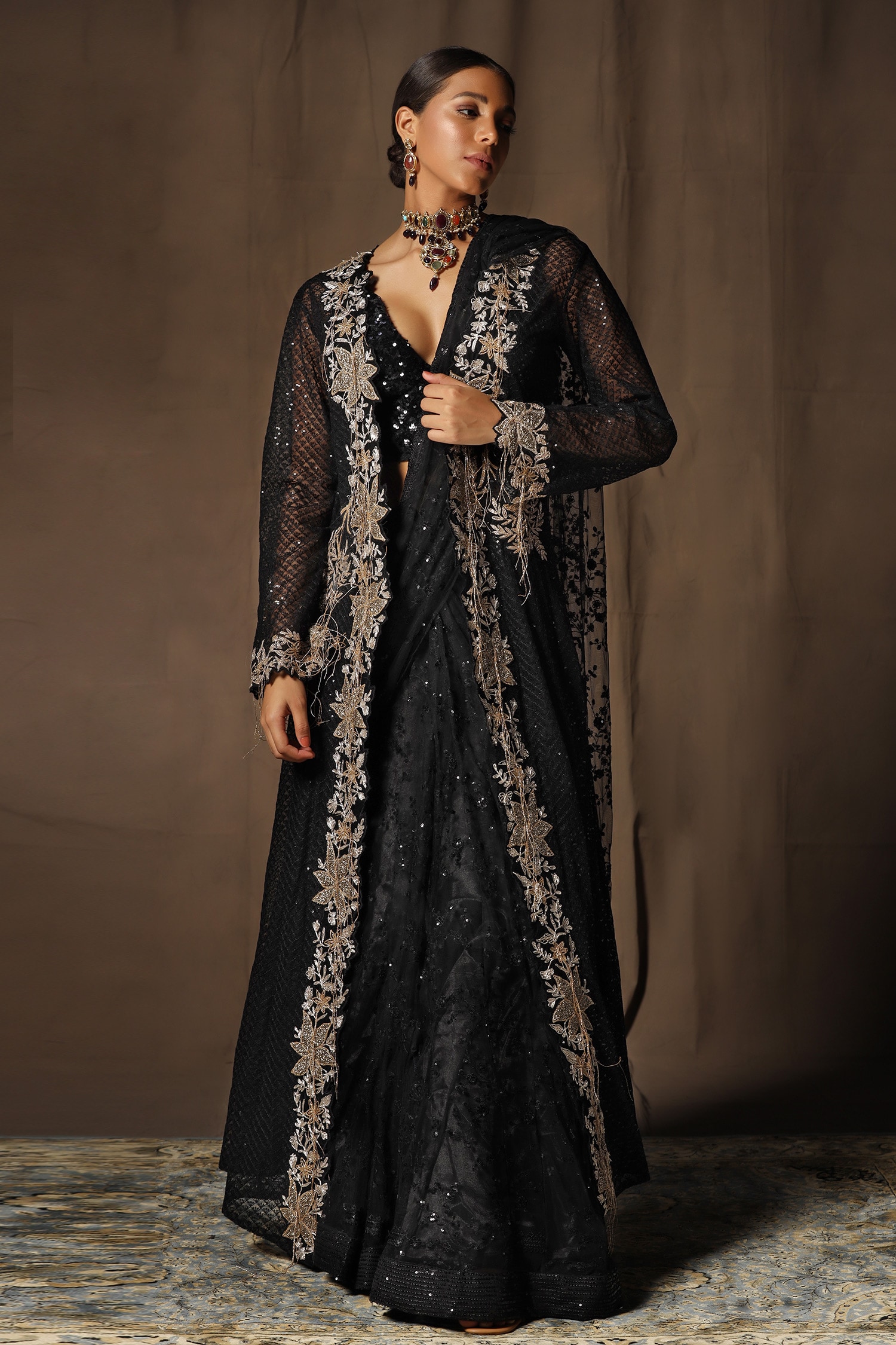 Buy Black Butterfly Net Embroidered Thread Jacket Pre-draped Saree Set ...