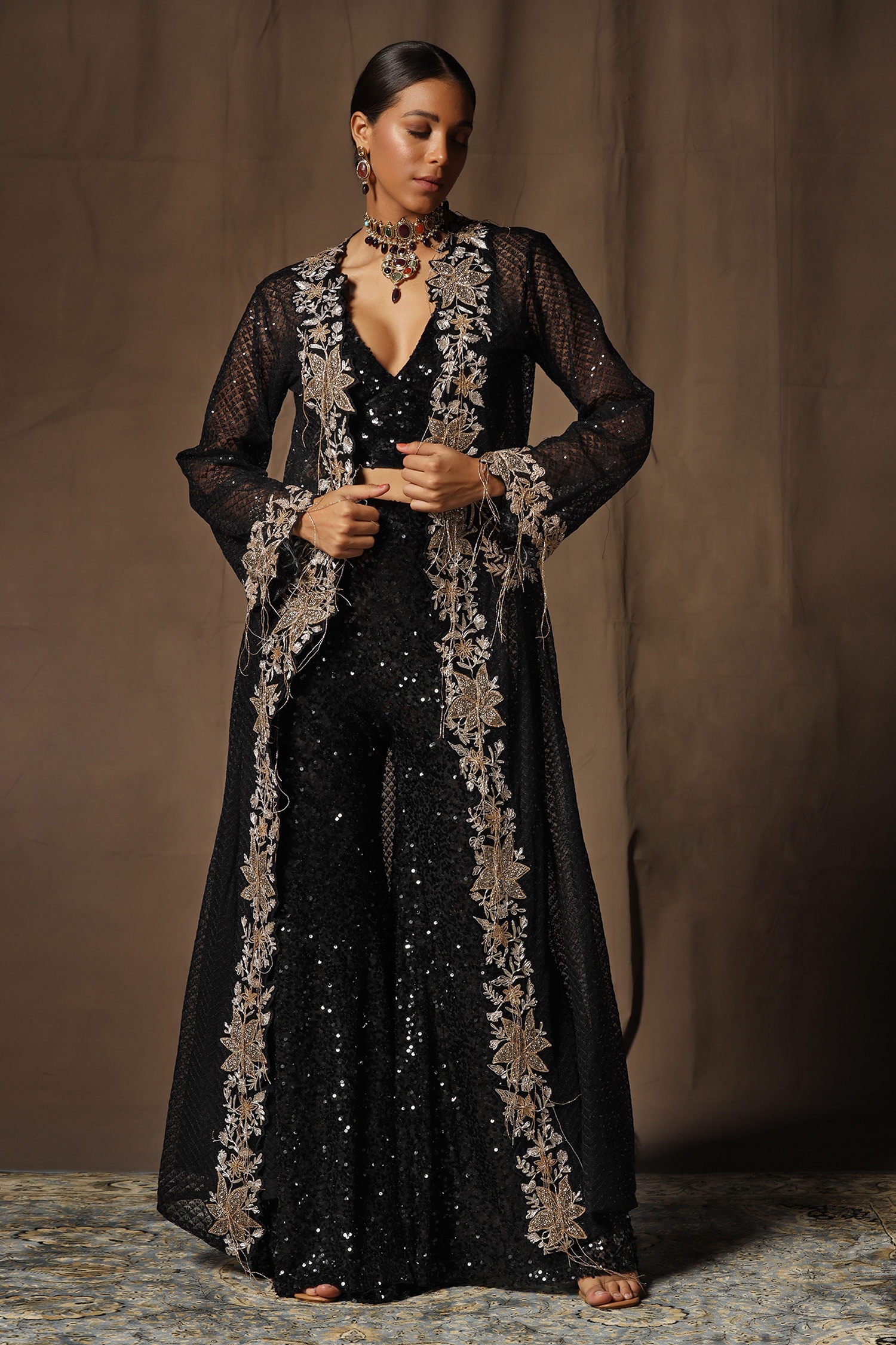 Buy Black Butterfly Net Hand Embroidered Thread Deep V Jacket Pant Set ...