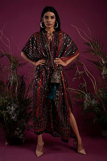 Buy Multi Color Embroidered Sequin V-neck Stripe Print Kaftan For Women ...