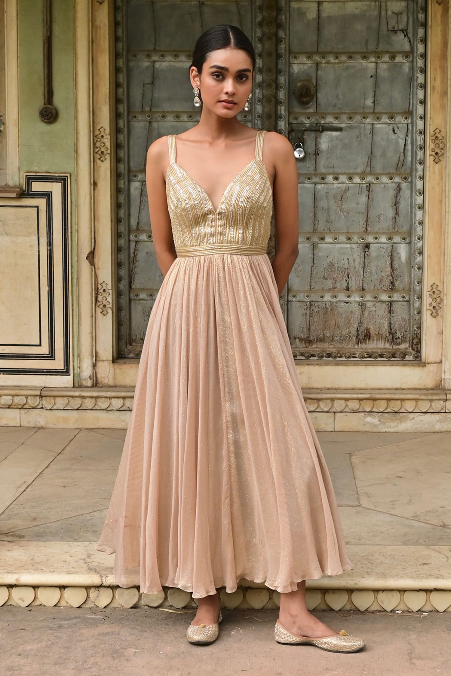 Buy Taro Beige Lurex Gulmohar Mirror Embroidered A-line Dress Online ...