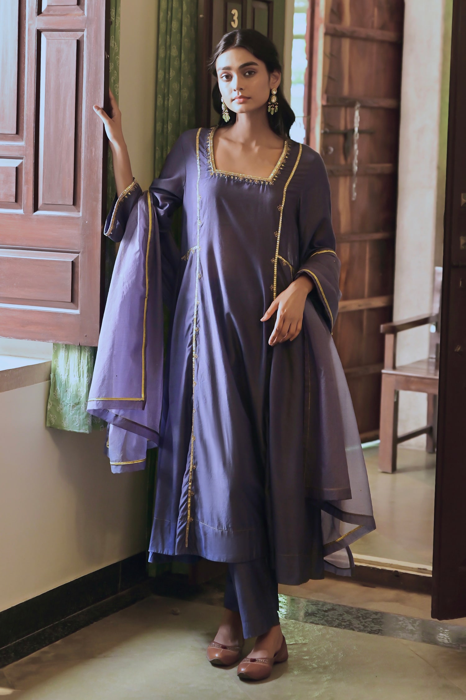 Buy Taro Blue Shehnaaz Chanderi Silk Embroidered A-line Kurta Set ...