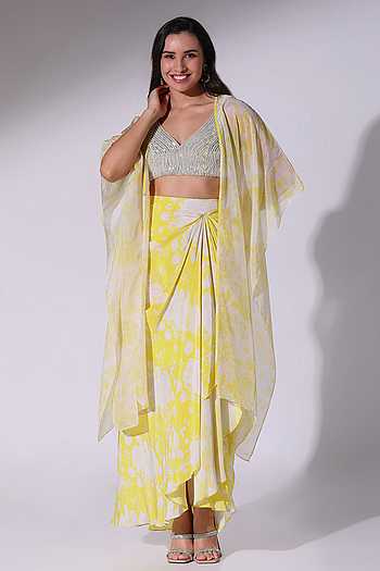 Buy Yellow Crepe Printed Floral Leaf Draped Skirt Cape Set For Women by ...