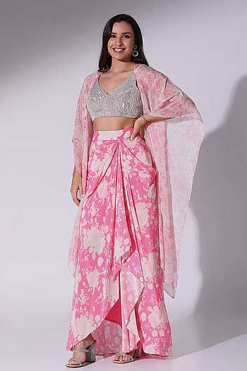 Buy Pink Crepe Printed Floral Leaf Draped Skirt Cape Set For Women by ...