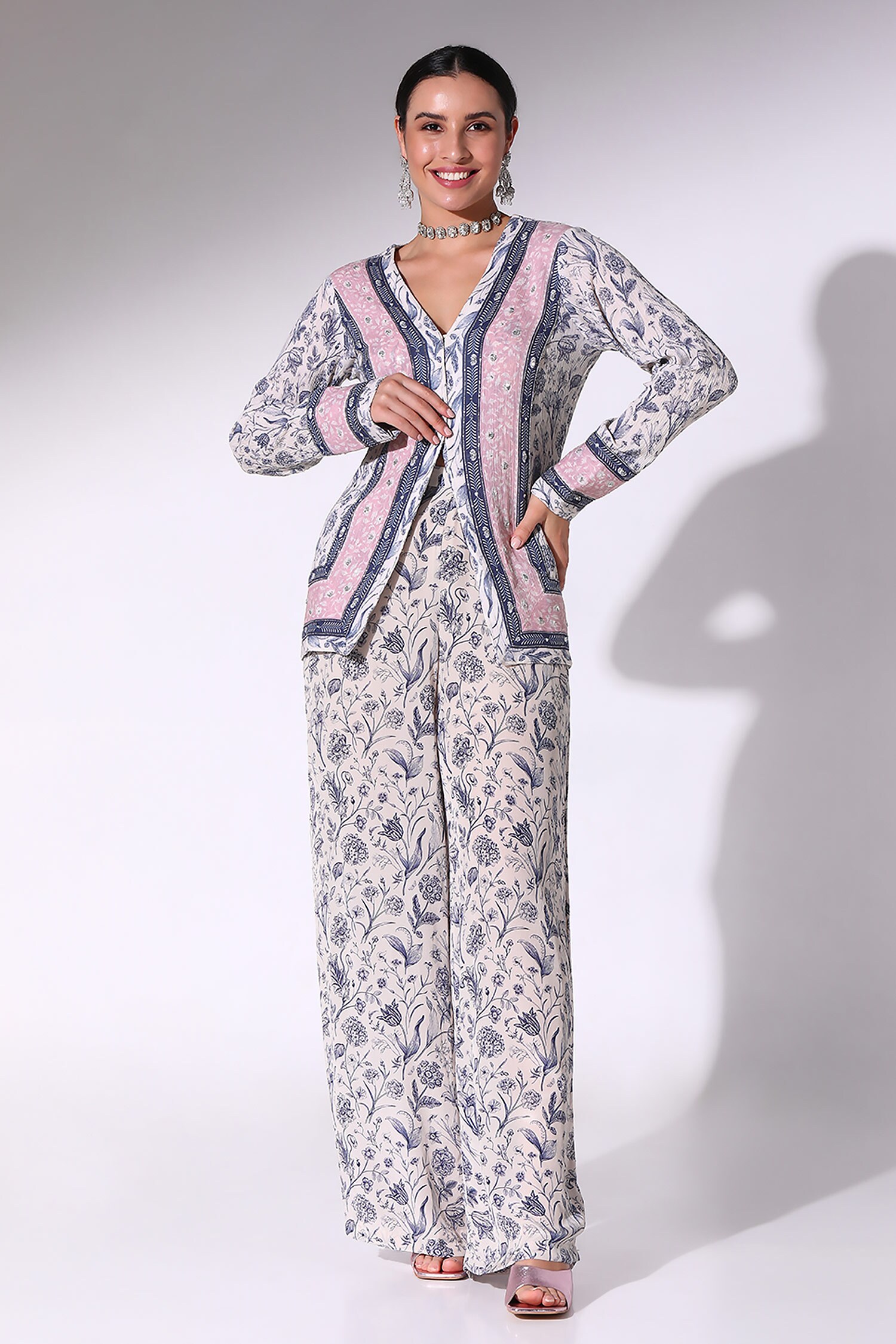 Buy Blue Cotton Wrinkle And Crepe Print Front Slit Tunic With Flared ...