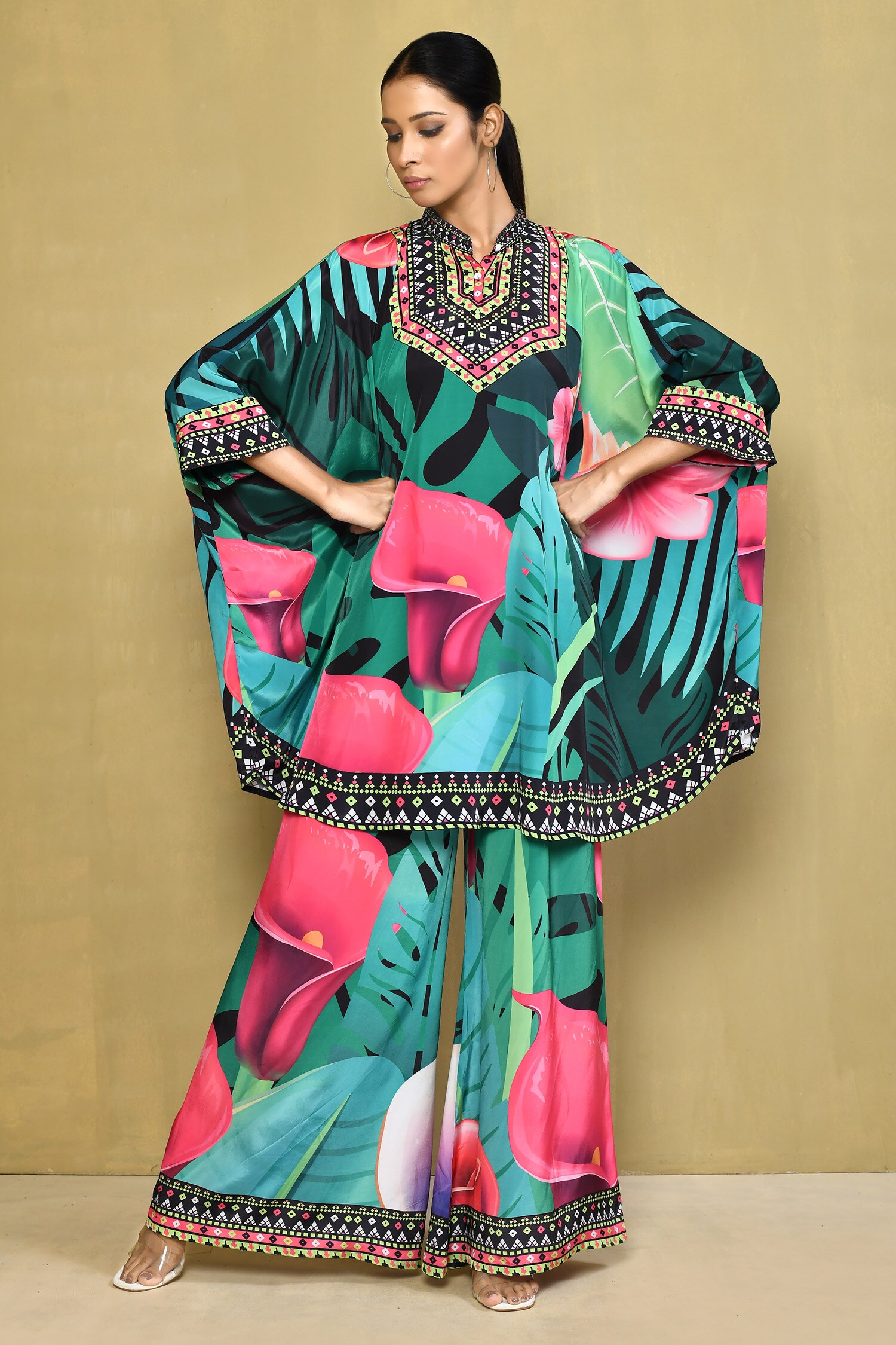 Buy Multi Color Imported Crepe Printed Bloom And Tribal Top & Pant Set ...