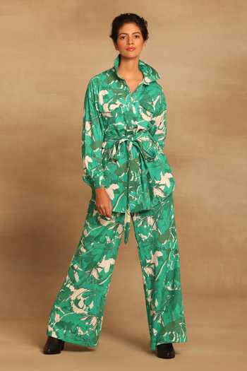 Buy Green 100% Cotton Twill Printed Sara Shirt And Straight Pant Set ...