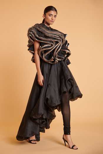 Buy Black Organza Embellished Ruffles Mandarin Collar Two Tone Jacket ...