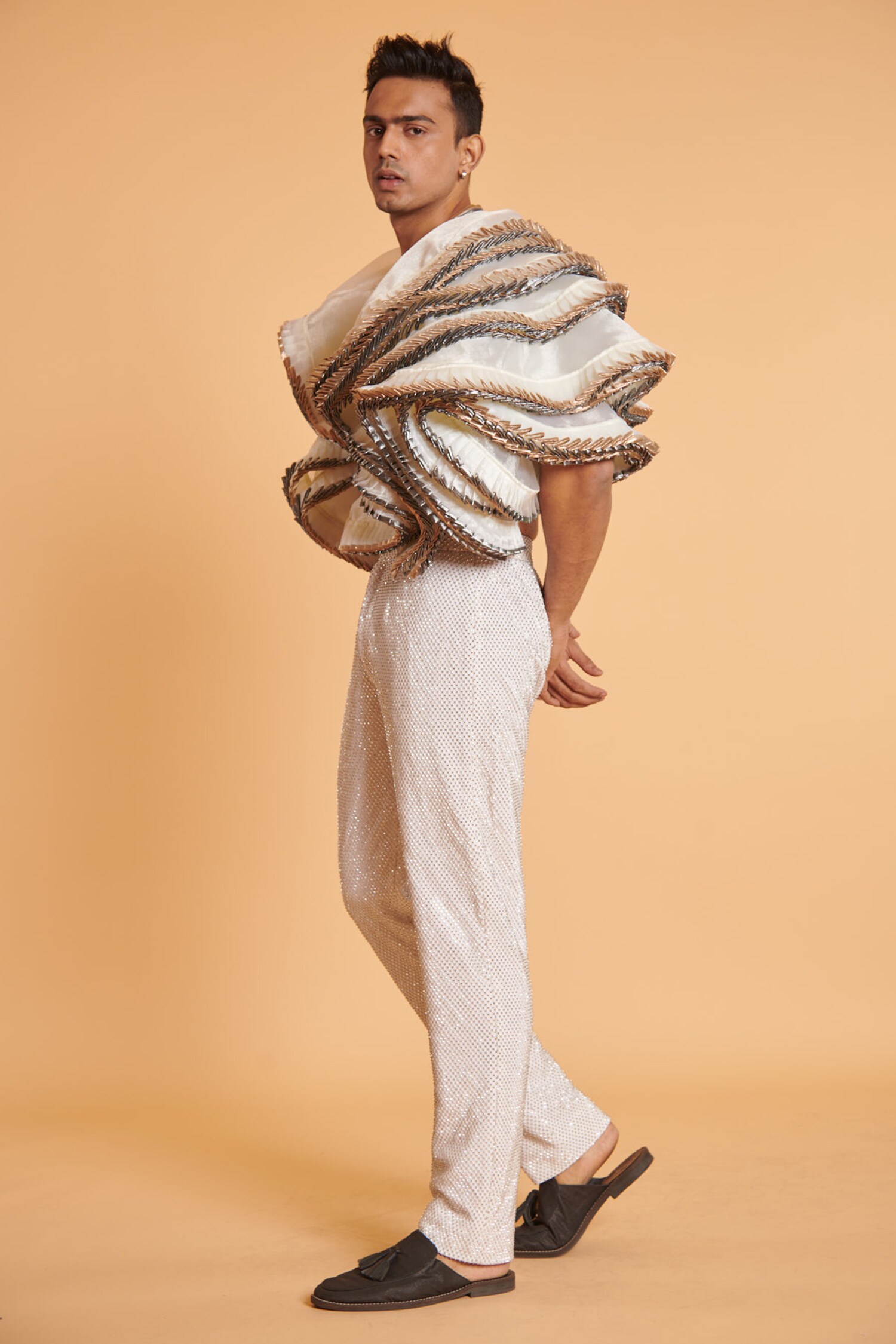 Buy Ivory Organza Structured Ruffle Bolero For Men by Siddartha Tytler ...