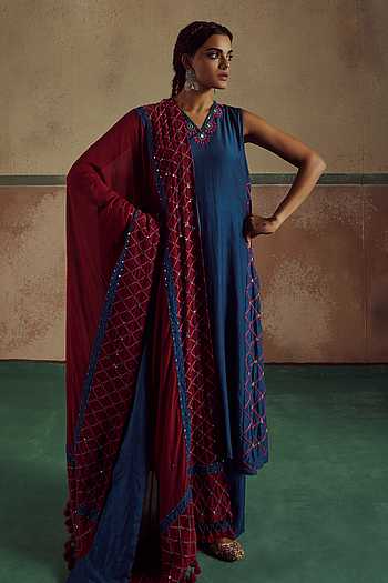 Buy Yellow Kurta And Pant: Bamberg Silk Embroidery Boho Sheesha Jaal ...